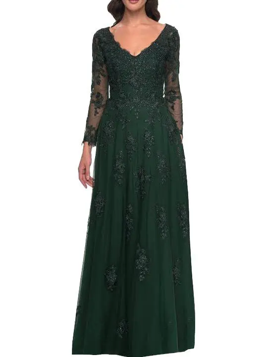 La Femme Long Sleeve Lace And Tulle A-line Dress - Emerald