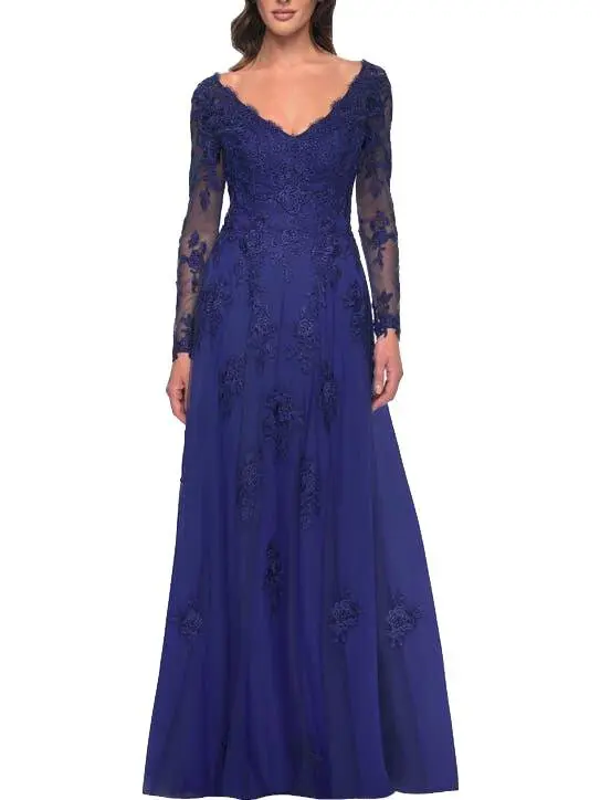 LABOMME Long Sleeve Lace And Tulle A-line Dress - Marine Blue