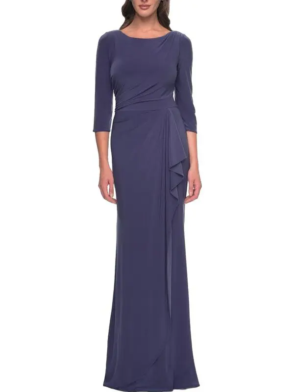 LABOMME Jersey Evening Dress With Ruching And Ruffle Detail - Smoky Blue
