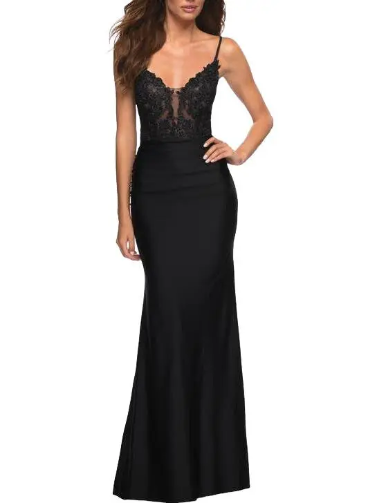 LABOMME Lace Bodice Jersey Gown - Black