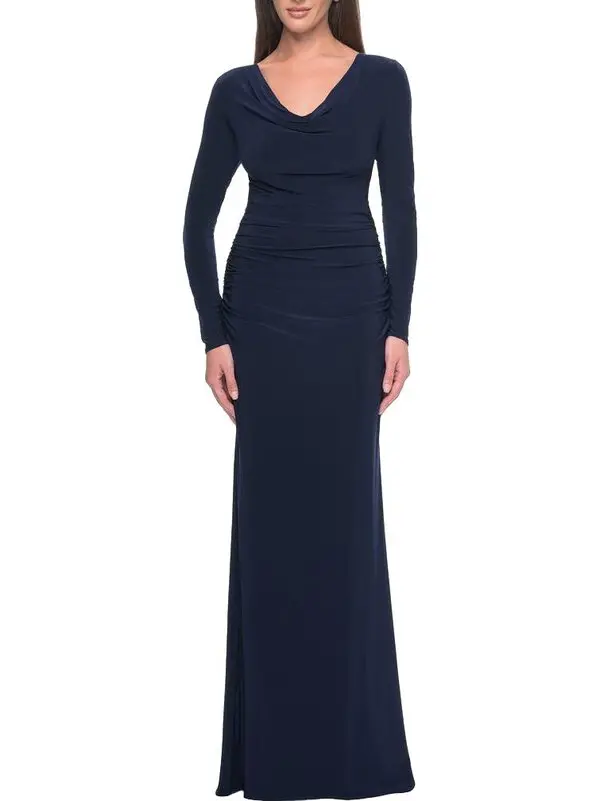 La Femme Long Jersey Evening Gown - Navy