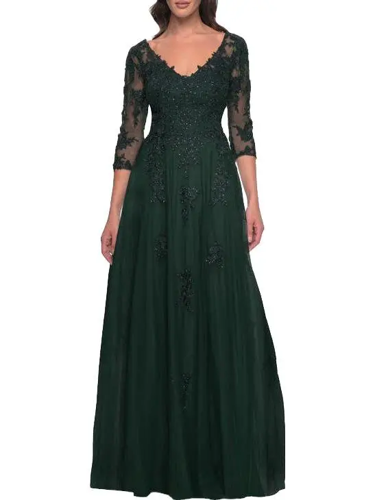 LABOMME Tulle And Lace A-line Gown - Dark Emerald