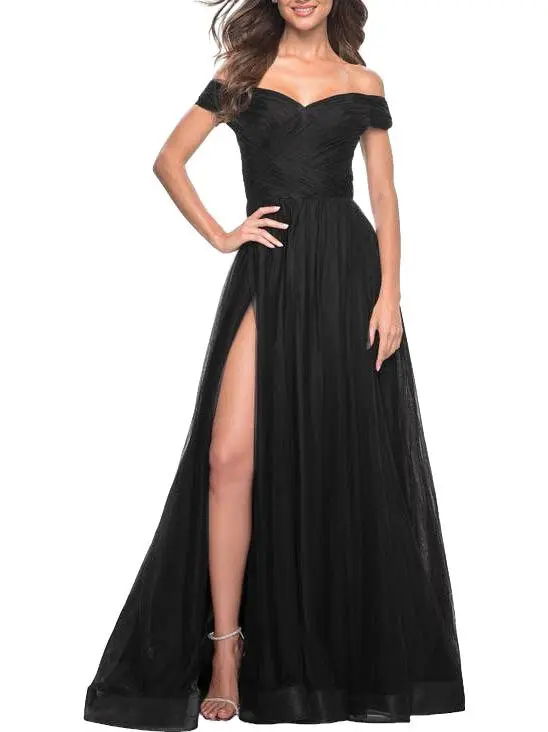 La Femme Tulle A-line Off-the-shoulder Gown - Black