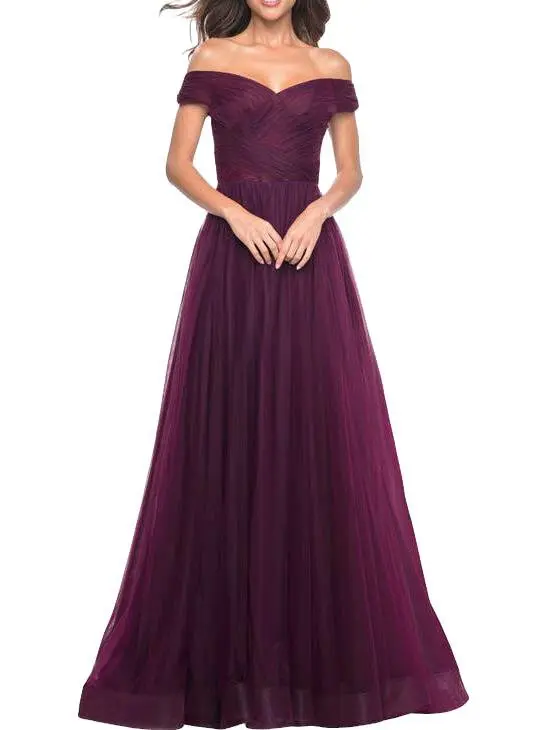 LABOMME Tulle A-line Off-the-shoulder Gown - Dark Berry