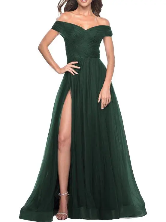 LABOMME Tulle A-line Off-the-shoulder Gown - Dark Emerald