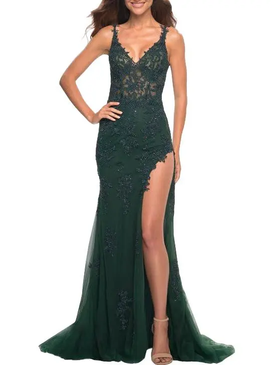 La Femme Lace Column Gown With Slit - Emerald