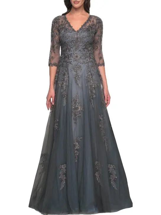 La Femme A-line Tulle And Lace Dress With Sleeves - Gray