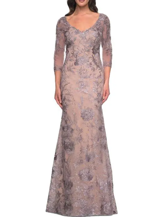 LABOMME Fitted Lace Gown With Sleeves - Dusty Lilac