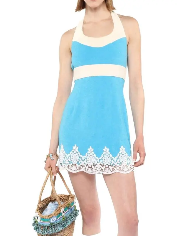 Anna Sui Cabana Terry Halter Dress With Lace - Ocean Blue