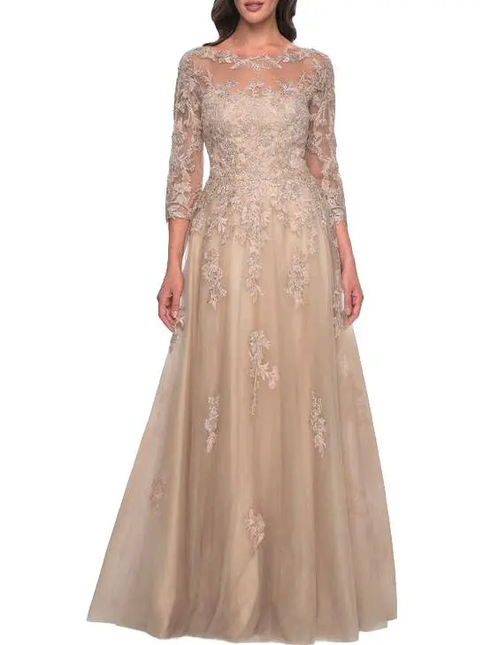 LABOMME A-line Tulle Gown With Lace Applique And Sleeves - Champagne