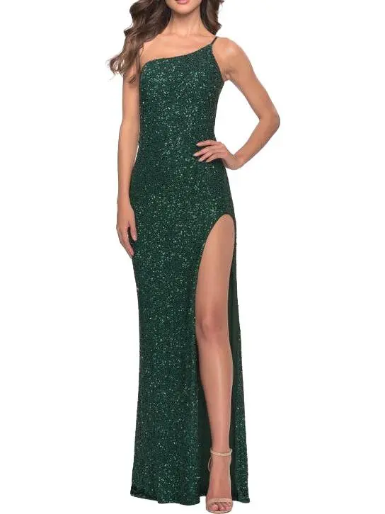 LABOMME One-shoulder Sequin Gown - Emerald