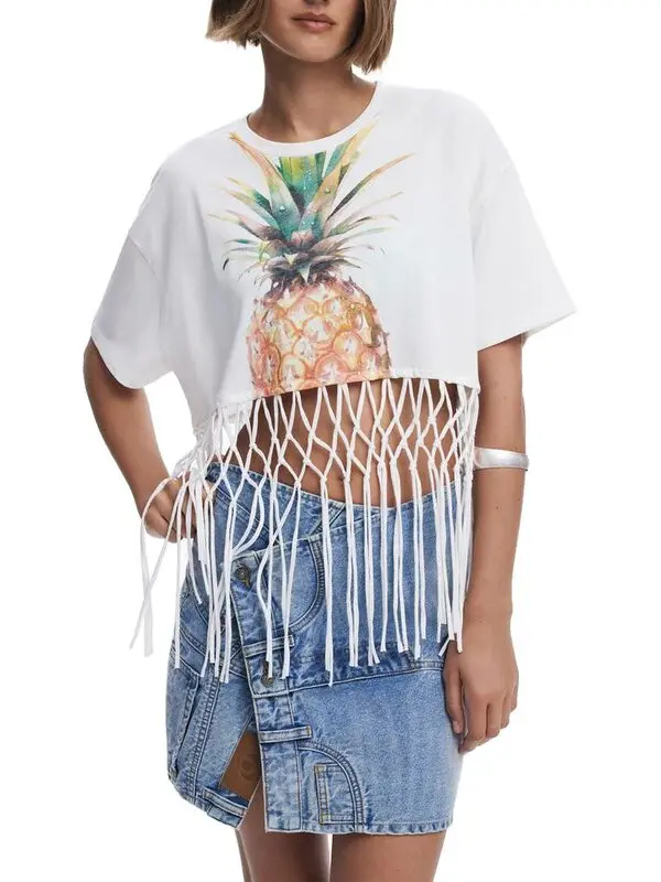 Desigual Graphic Cropped T-shirt With Braided Fringe - White Multi