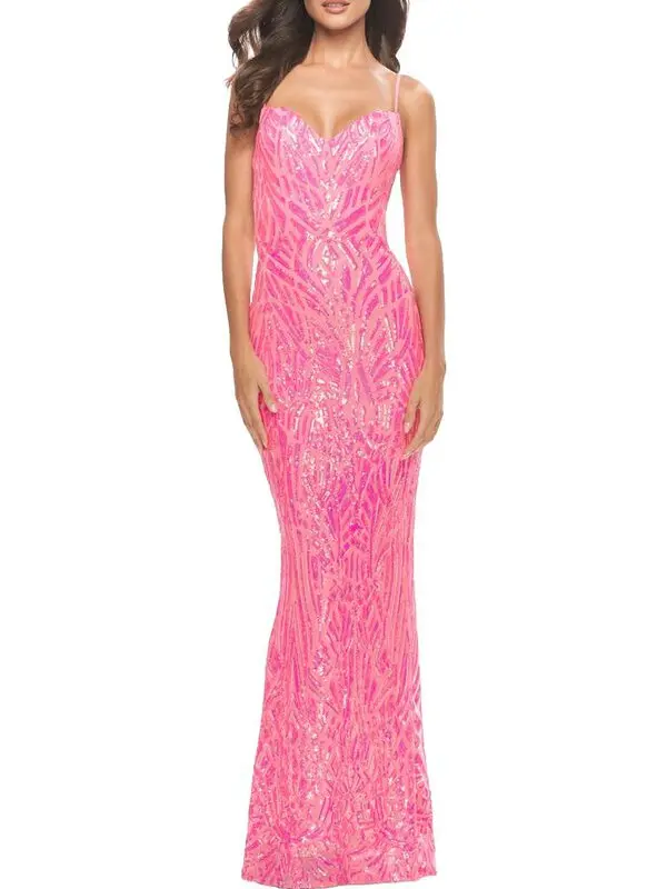 LABOMME Print Sequin Gown With Lace-up Back - Neon Pink
