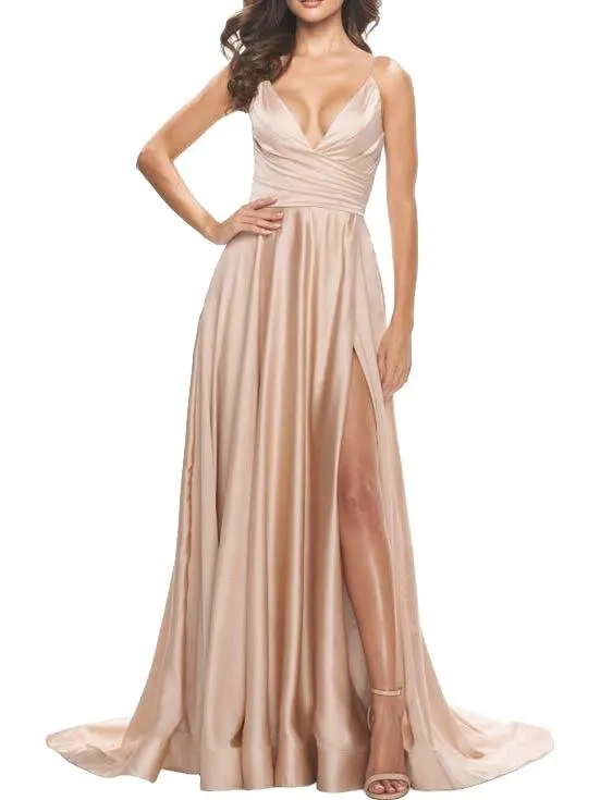 LABOMME Long Satin Dress With Slit - Beige
