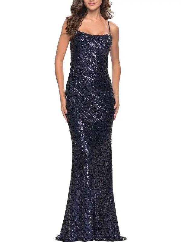 La Femme Long Sequin Gown With Lace-up Back - Navy