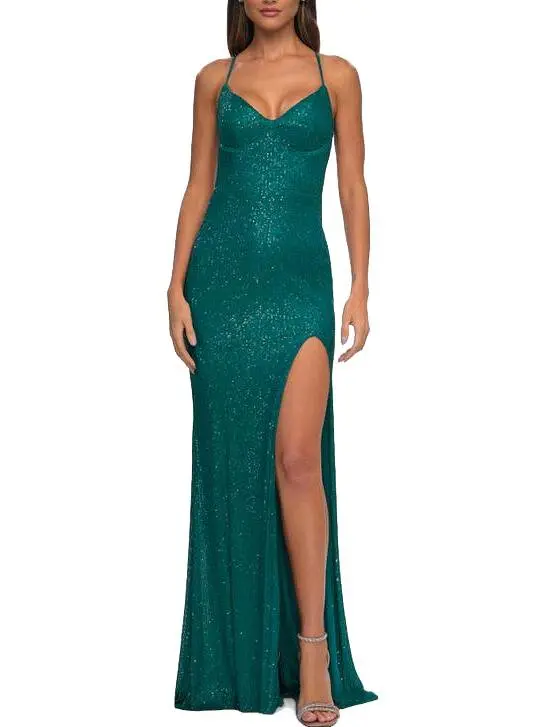 La Femme Sequin Column Gown - Emerald