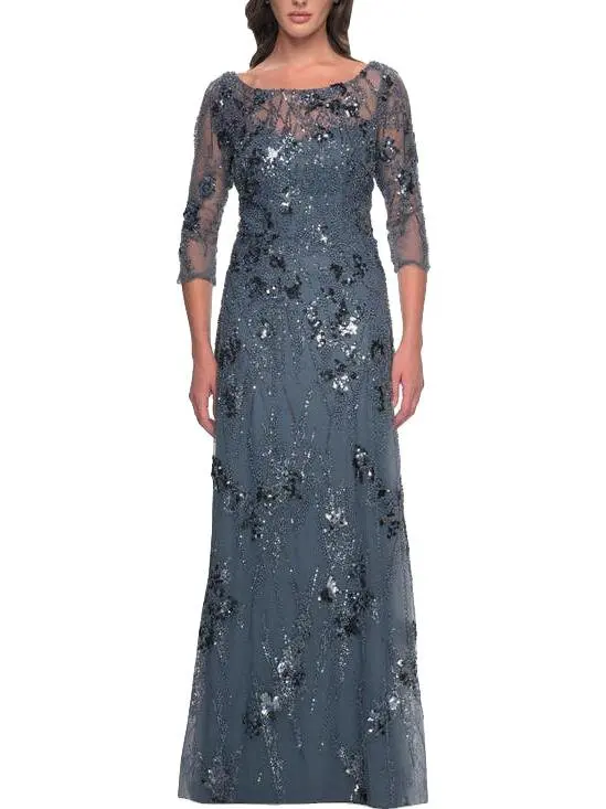 LABOMME Beaded Long Gown With Illusion Top - Slate Gray