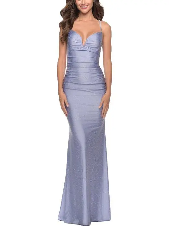 LABOMME Rhinestone Ruched Jersey Prom Gown With Lace Up Back - Light Periwinkle