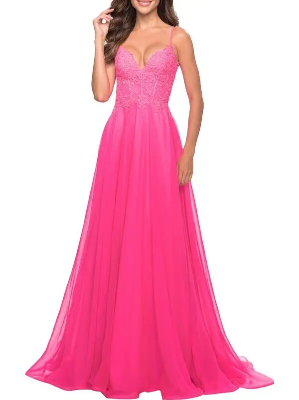 LABOMME A-line Gown With Floral Bodice - Neon Pink