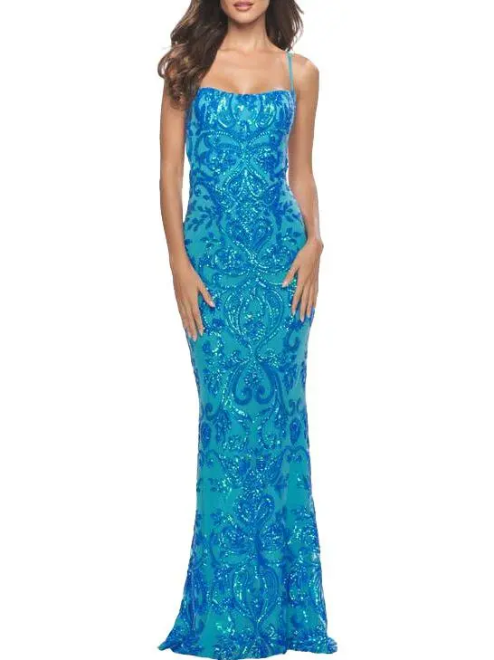LABOMME Print Sequin Gown - Aqua
