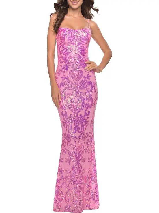 LABOMME Print Sequin Gown - Neon Pink