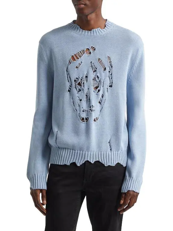 Alexander McQueen Distressed Skull Crewneck Sweater - Shirting Blue