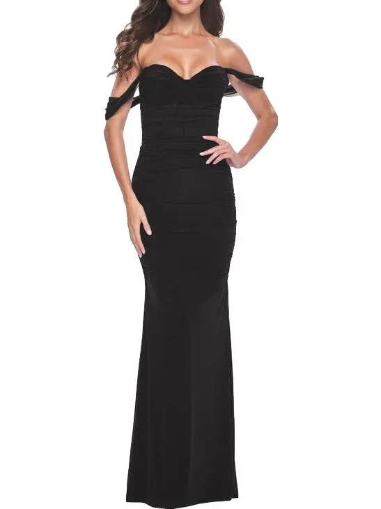 La Femme Off-the-shoulder Jersey Gown - Black