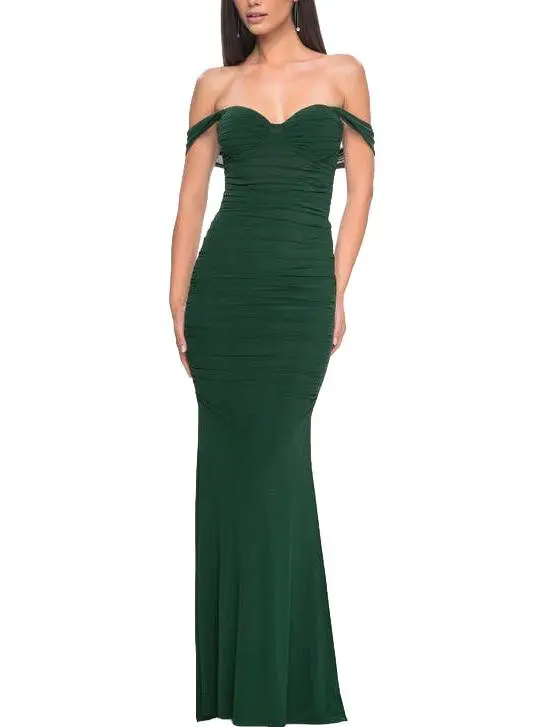 La Femme Off-the-shoulder Jersey Gown - Dark Emerald
