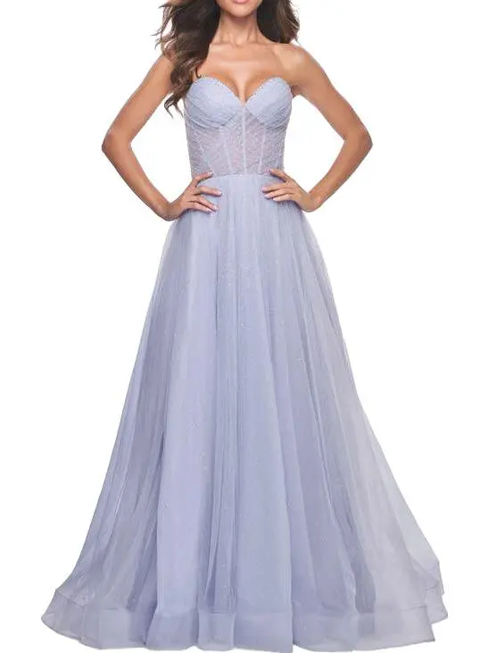 LABOMME Sweetheart Tulle And Rhinestone Prom Dress - Light Periwinkle