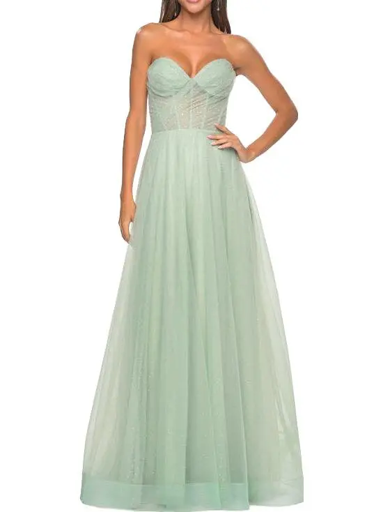 La Femme Sweetheart Tulle And Rhinestone Prom Dress - Sage
