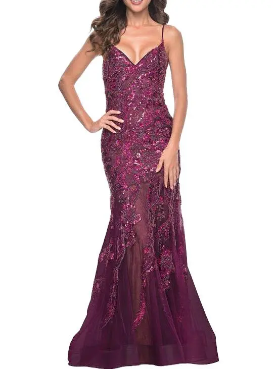 LABOMME Mermaid Beaded Embellished Prom Dress - Dark Berry