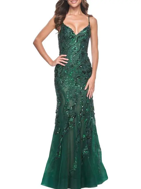 La Femme Mermaid Beaded Embellished Prom Dress - Emerald