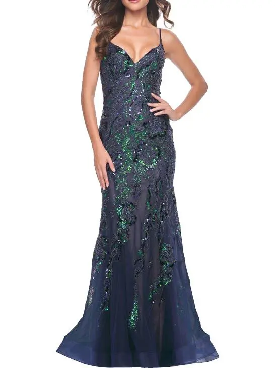 La Femme Mermaid Beaded Embellished Prom Dress - Navy