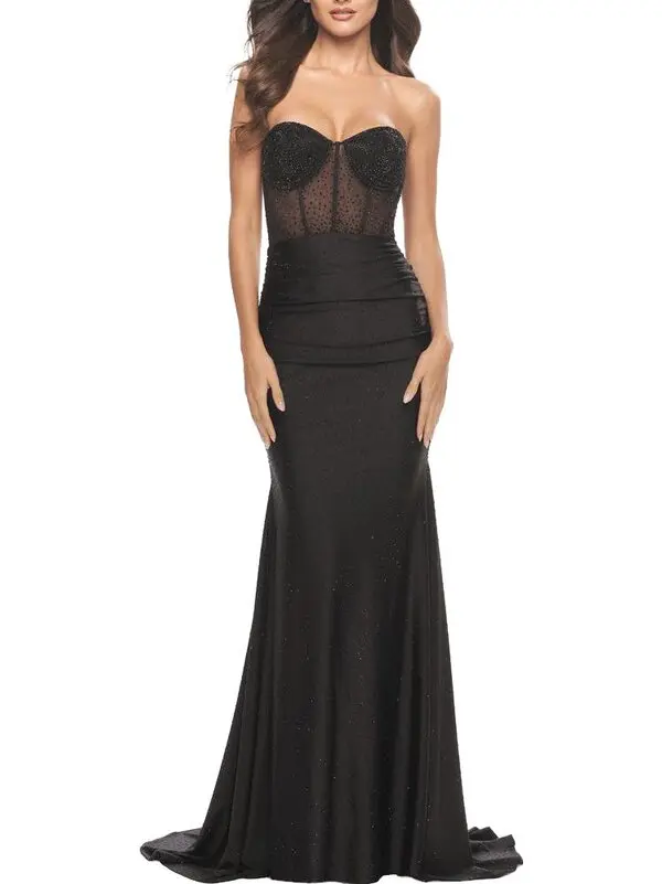La Femme Rhinestone Embellished Gown - Black