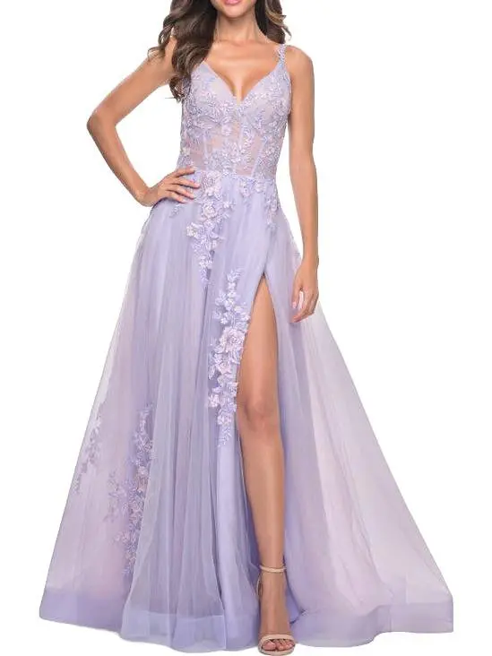 LABOMME Tulle A-line Gown With Lace Applique - Lavender