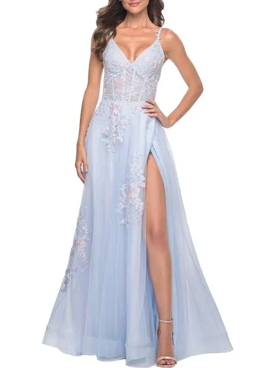LABOMME Tulle A-line Gown With Lace Applique - Light Blue