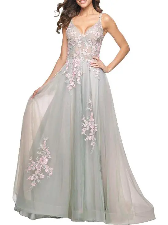 La Femme Tulle A-line Gown With Lace Applique - Sage