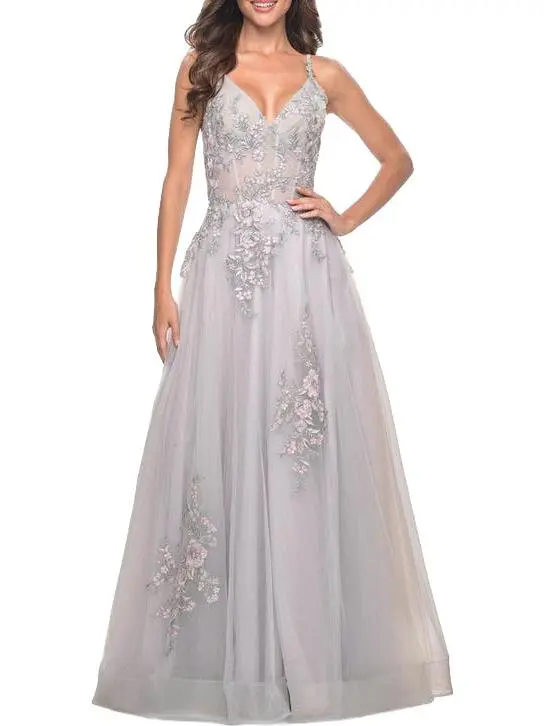 La Femme Tulle A-line Gown With Lace Applique - Silver