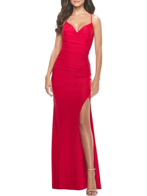 La Femme Ruched Jersey Gown With Lace-up Back - Red