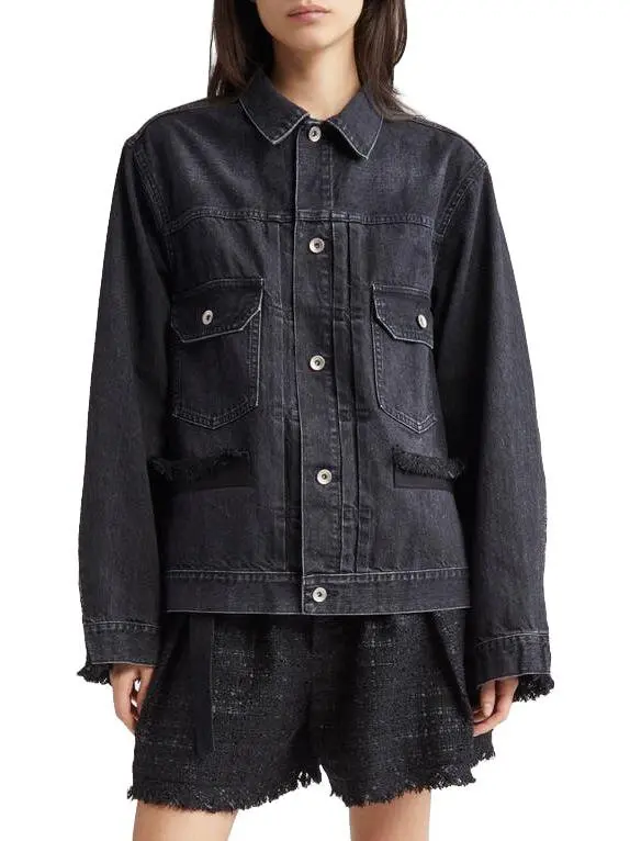 Sacai Mixed Media Denim & Tweed Trucker Jacket - Black/ Black 002