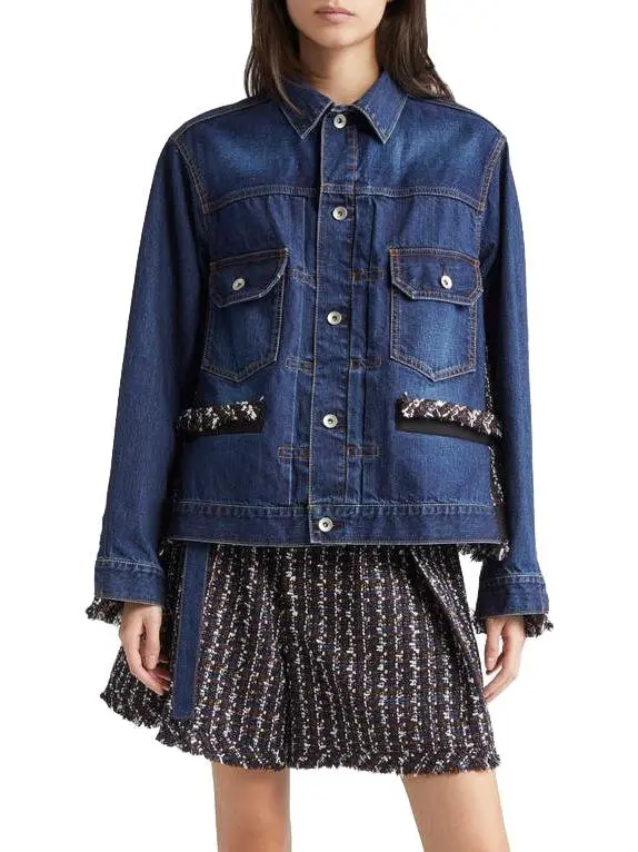 Sacai Mixed Media Denim & Tweed Trucker Jacket - Blue/ Navy 405