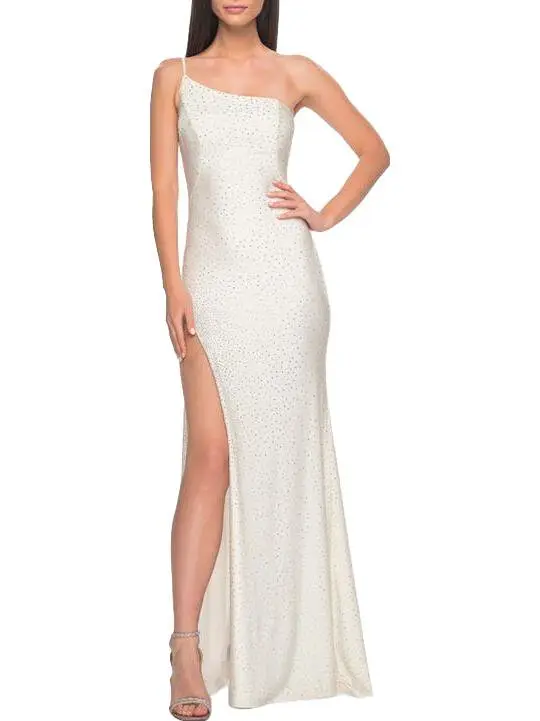 LABOMME Rhinestone One-shoulder Gown With Slit - White