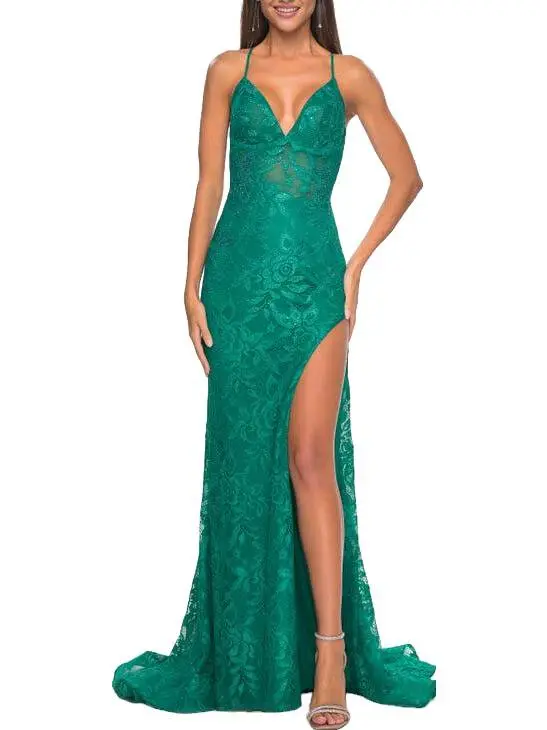 LABOMME Rhinestone Embellished Lace Gown - Jade