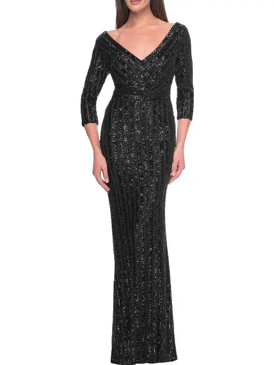 La Femme Evening Dress With Sequin Fabric And Sleeves - Black