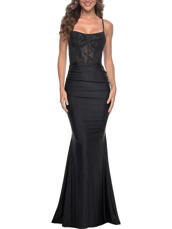 La Femme Ruched Jersey Gown With Illusion Corset - Black