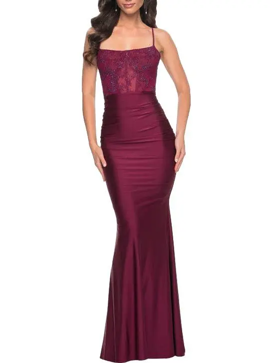 LABOMME Ruched Jersey Gown With Illusion Corset - Dark Berry