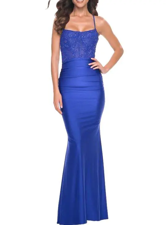 LABOMME Ruched Jersey Gown With Illusion Corset - Royal Blue
