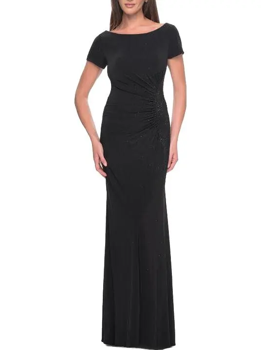 La Femme Long Jersey Evening Gown With Rhinestone Details - Black