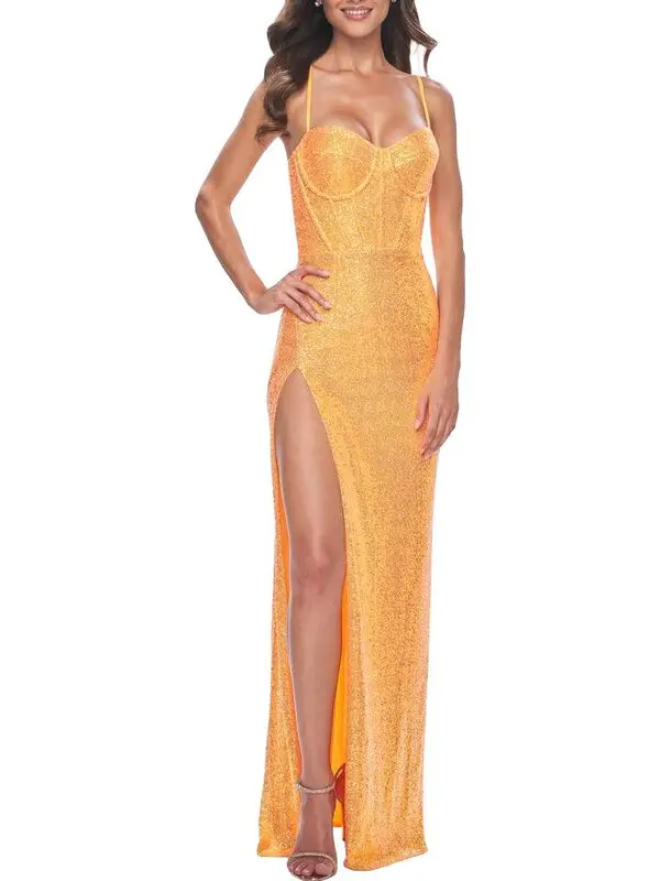 La Femme Sequin Bustier Prom Dress - Orange
