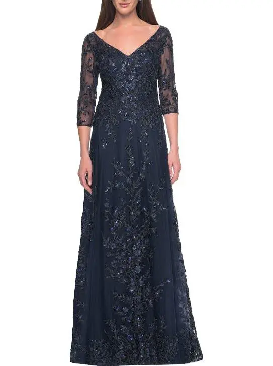 LABOMME Evening Gown With Lace And Beaded Design - Navy